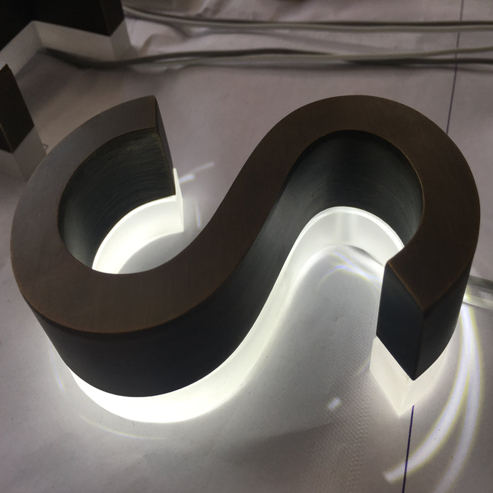 Business backlit letter channel bronze stainless steel reception compa ...